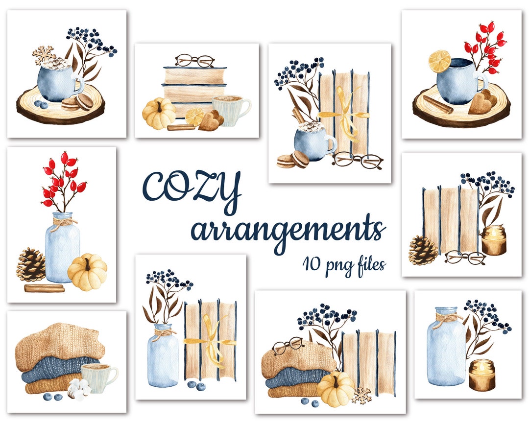 Cozy Winter Watercolor Printable Wall Art, Cozy Reading and Knitting ...