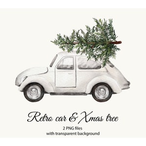 Watercolor Christmas Car, White Retro Car With Christmas Tree ...