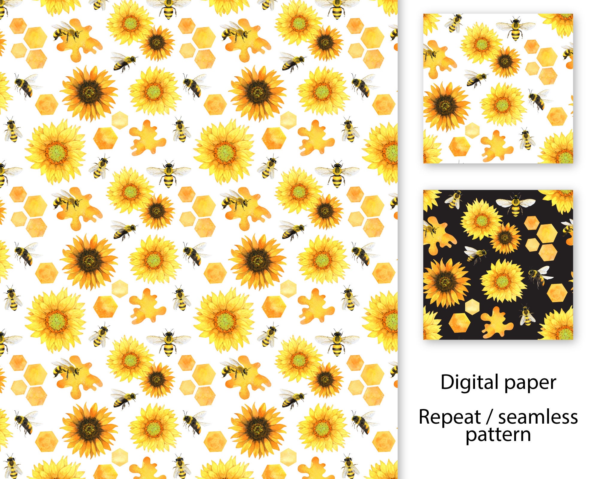 Sunflowers & Honey Bee Digital Paper, Repeat Seamless Pattern ...