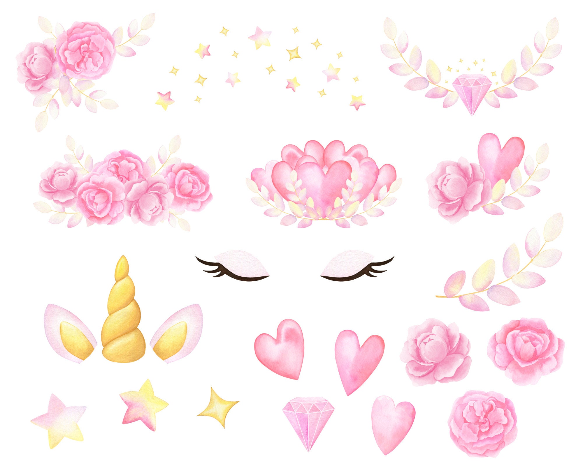 Unicorn Faces Watercolor Clipart. Heads Unicorn With Flowers, Floral ...