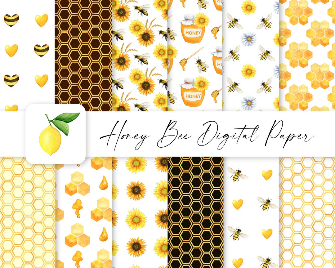 Honey Bee Digital Paper, Watercolor Honeycombs, Honeybees, Sunflowers ...