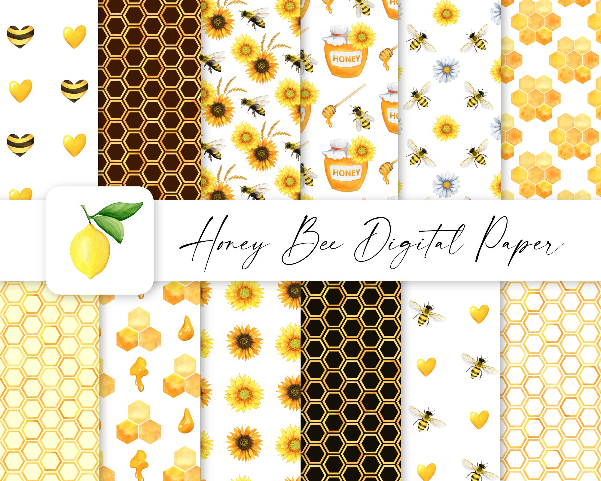 Honey Bee Digital Paper Watercolor Honeycombs Honeybees - Etsy
