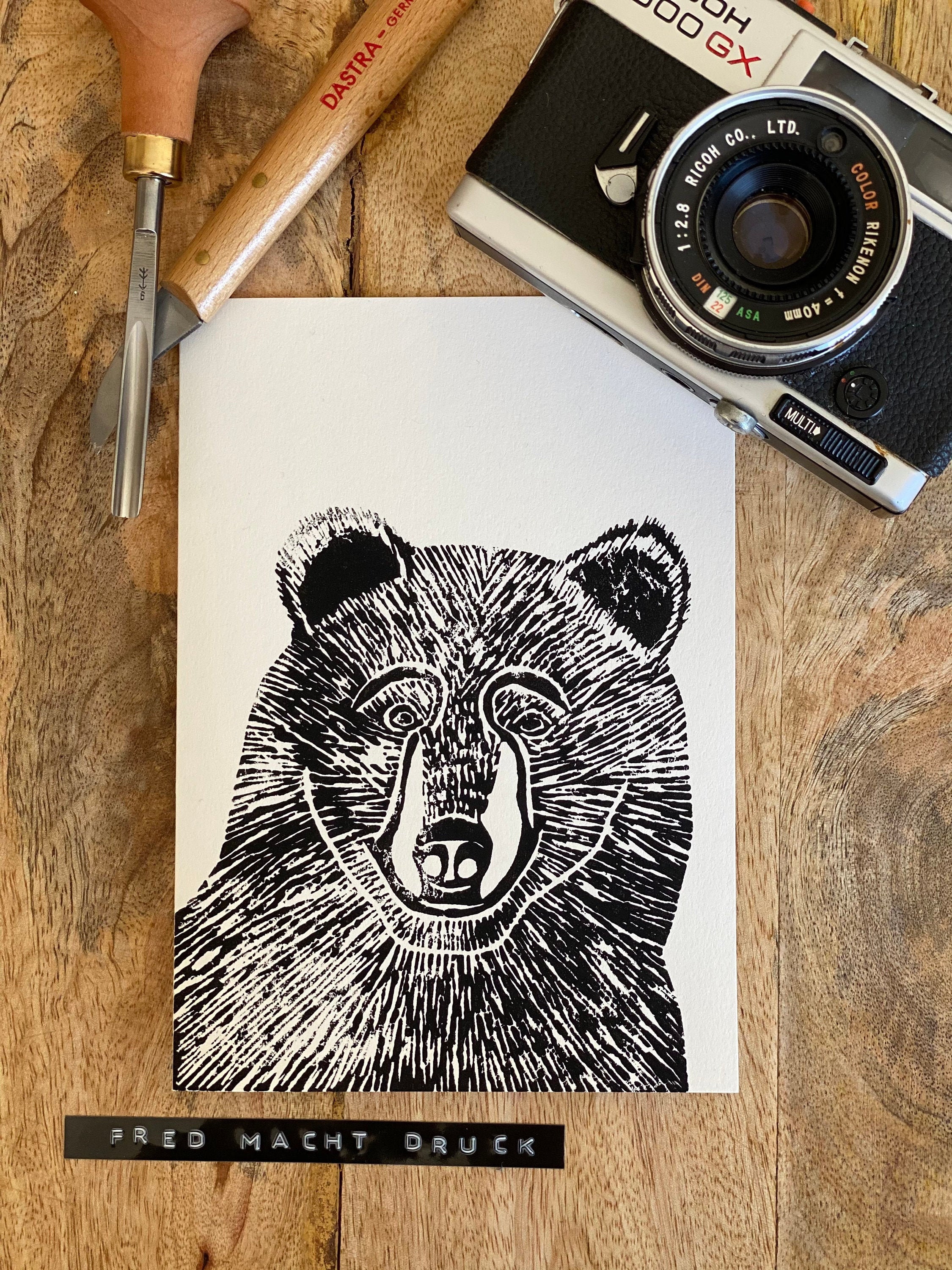 Linocut Bear Portrait Black White - Etsy