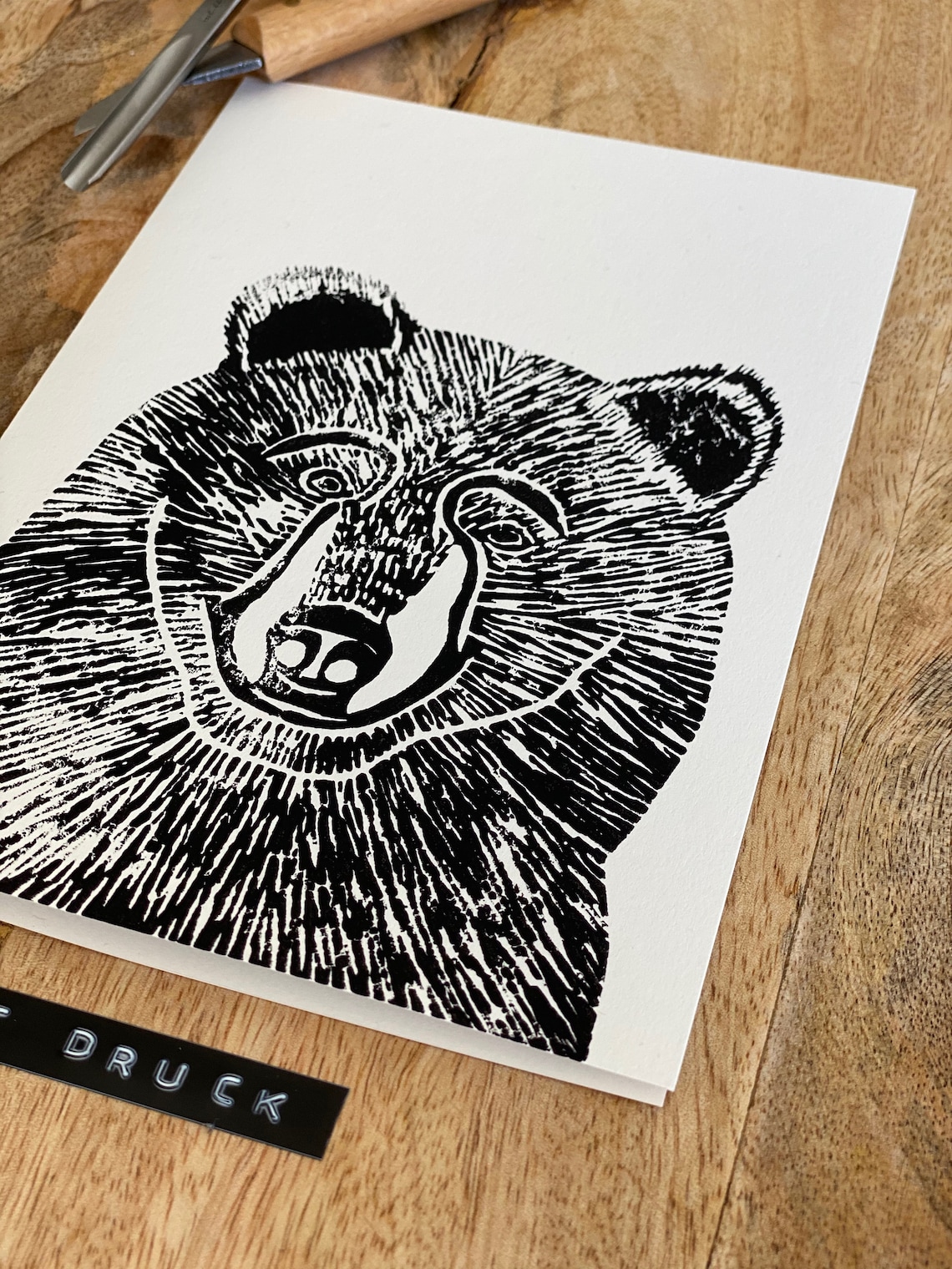 Linocut Bear Portrait Black White - Etsy