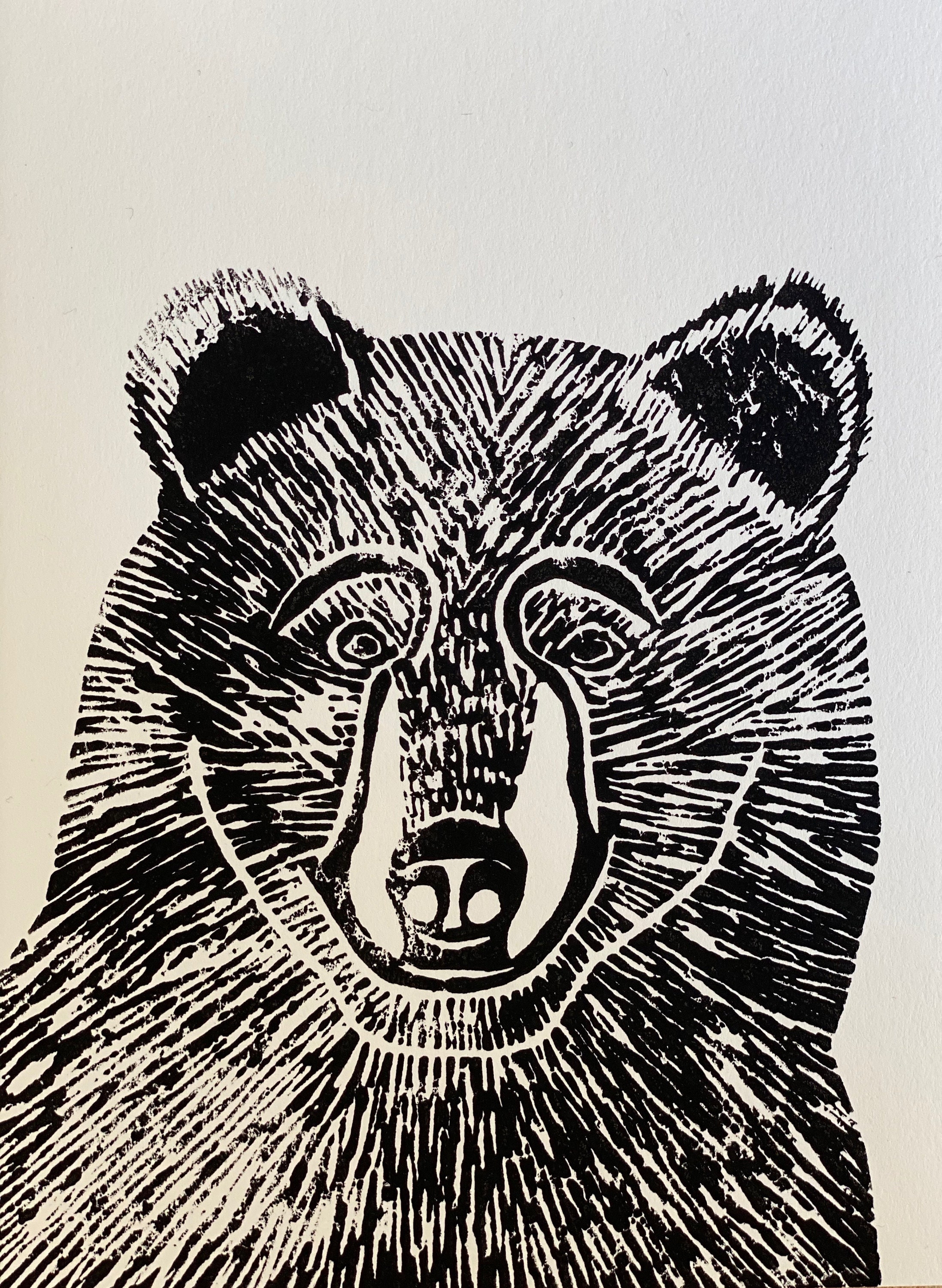 Linocut bear portrait black white | Etsy