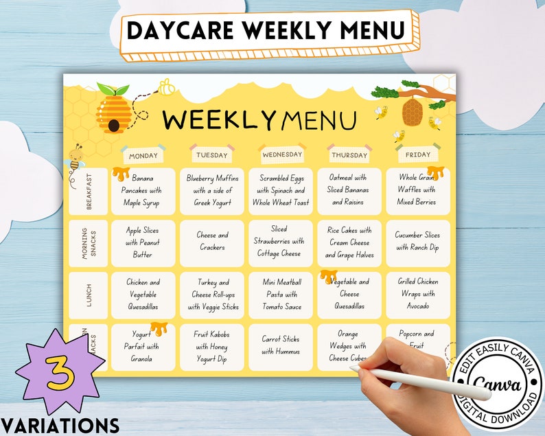 Home Daycare Weekly Menu Editable Weekly Meal Planner Preschool Menu ...