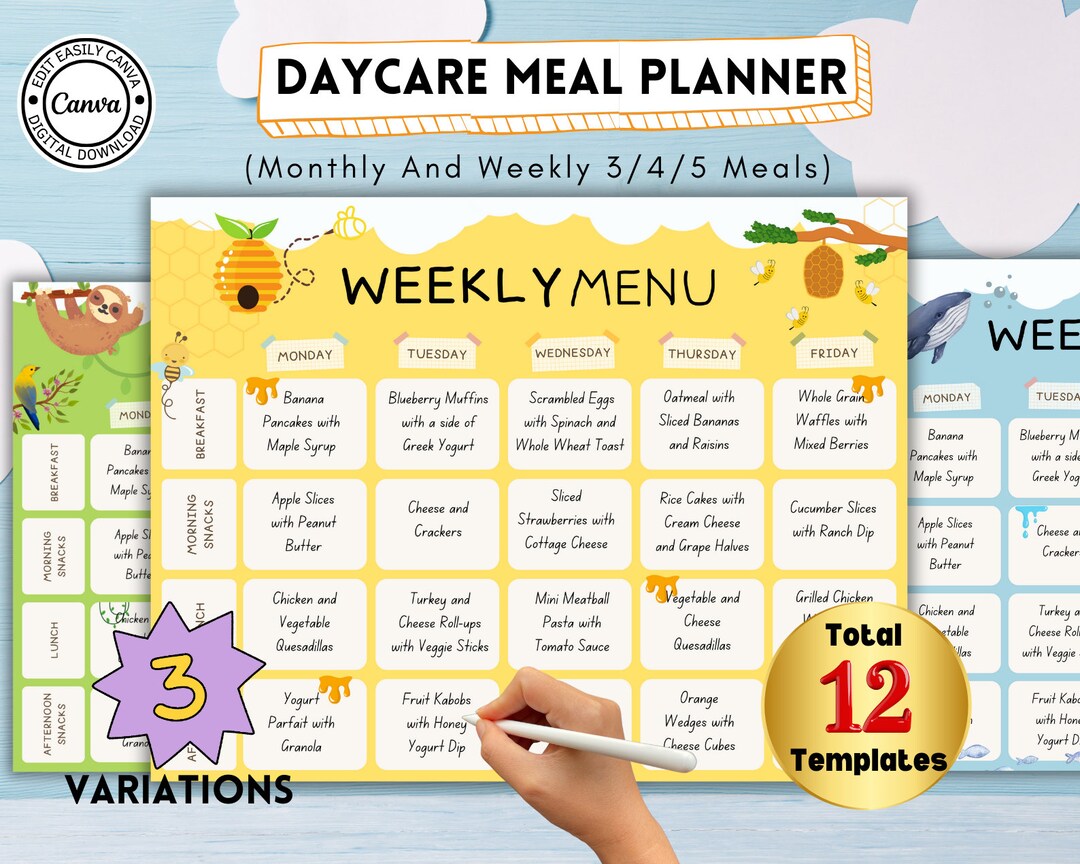 Home Daycare Weekly Menu Editable Weekly Meal Planner Preschool Menu ...