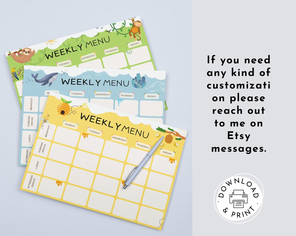 Home Daycare Weekly Menu Editable Weekly Meal Planner Preschool Menu ...