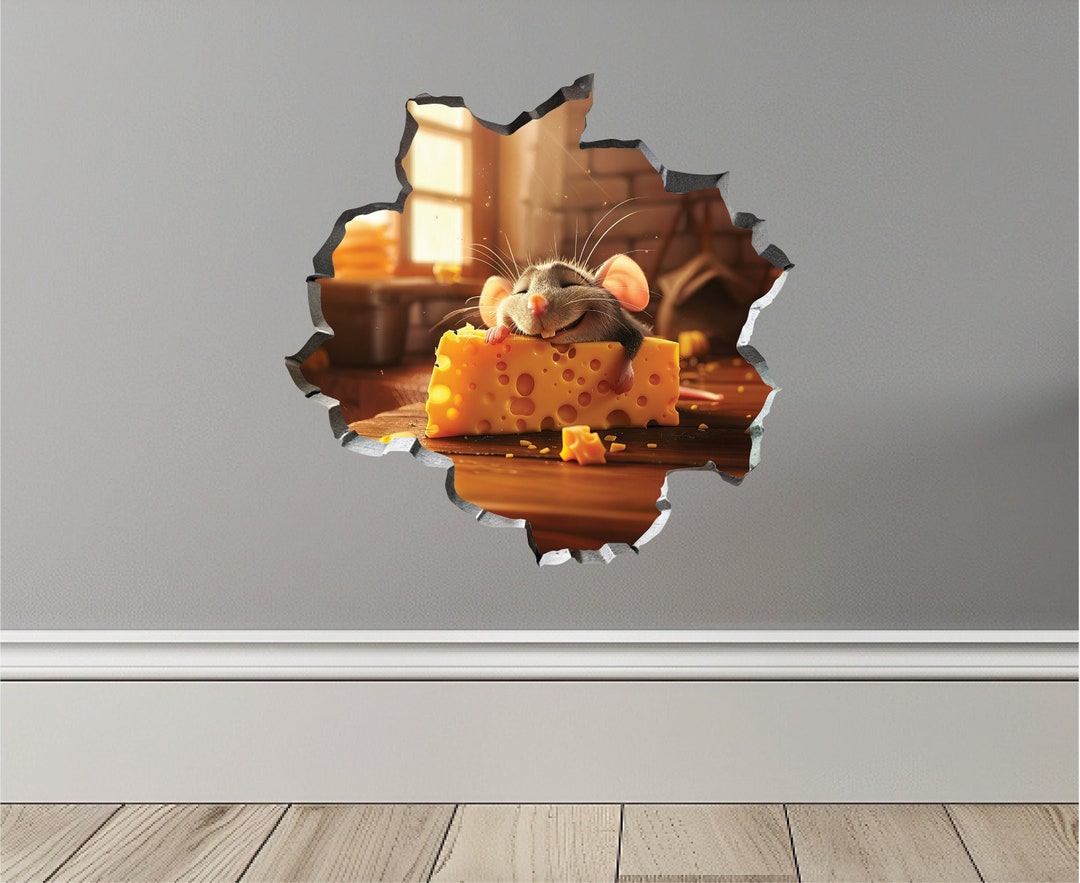Mouse Embrassing Cheese in Mouse Hole Decal, Cheese Lover Mouse, Mouse ...
