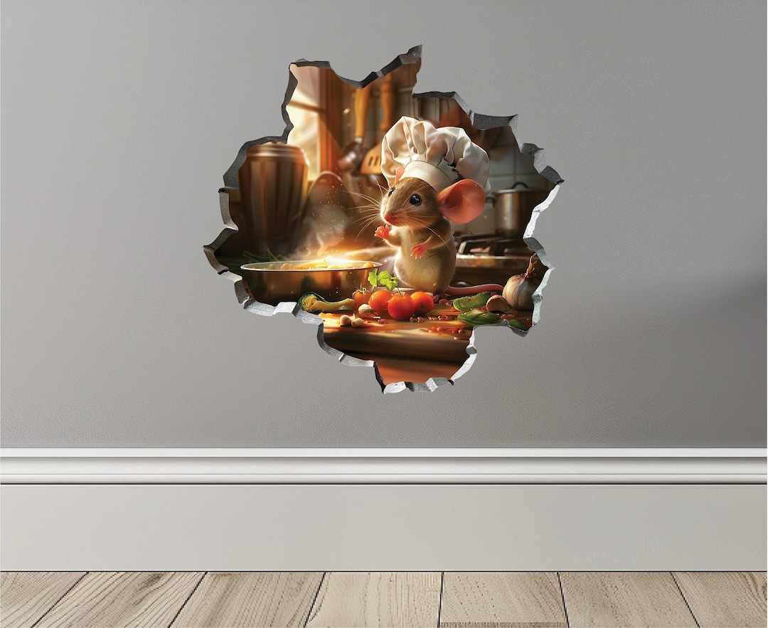 Chef Cook Mouse in Mouse Hole Decal, Mouse Cooking Meal, Mouse Hole 3D ...