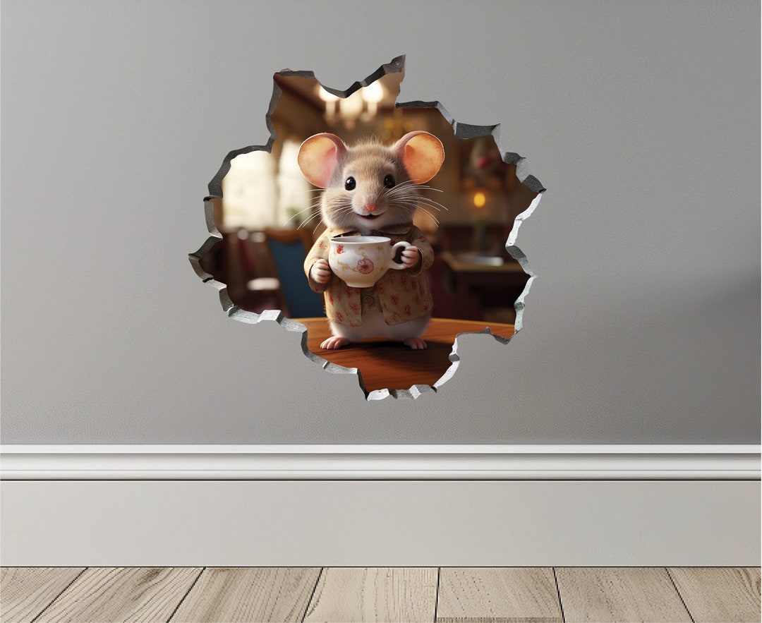 Cute Mouse Drinking Tea in Mouse Hole Decal, Mouse Holding Cup of Tea ...