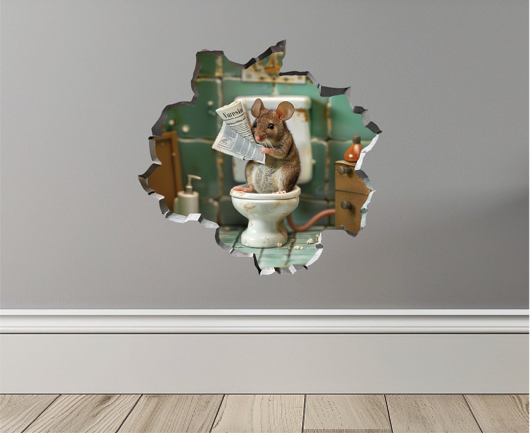 Mouse Sitting on Toilet, 3D Mouse Hole Sticker, Mouse Reading ...