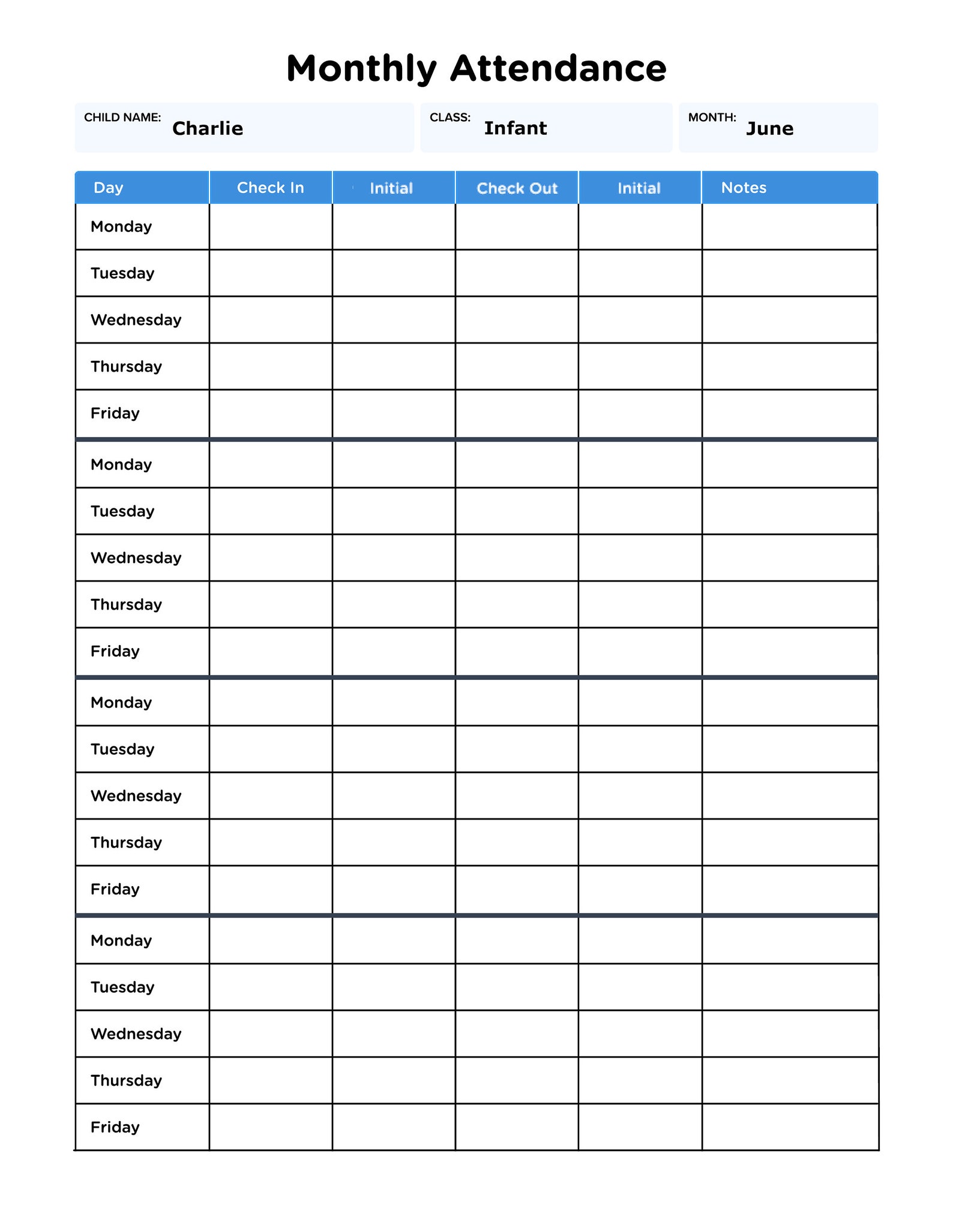 Daycare Monthly Attendance Sheet for Single Child With Fillable Form ...
