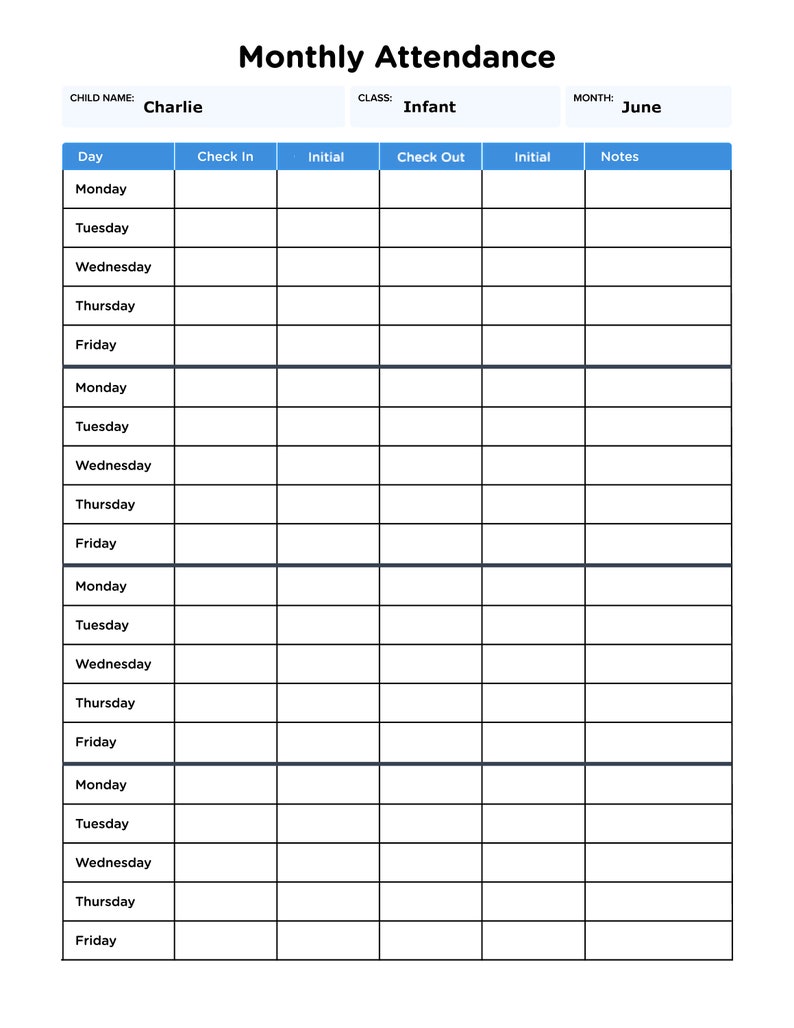 Daycare Monthly Attendance Sheet for Single Child With Fillable Form ...