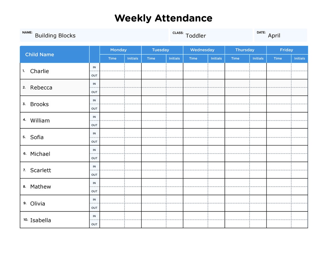 Daycare Weekly Attendance Sheet With Fillable Form Fields | HD PNG and ...