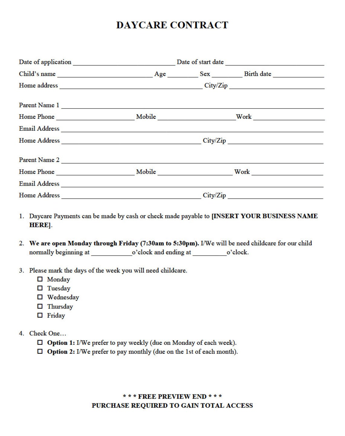 Daycare Contract: Fully Editable Child Care Enrollment Contract | PDF ...