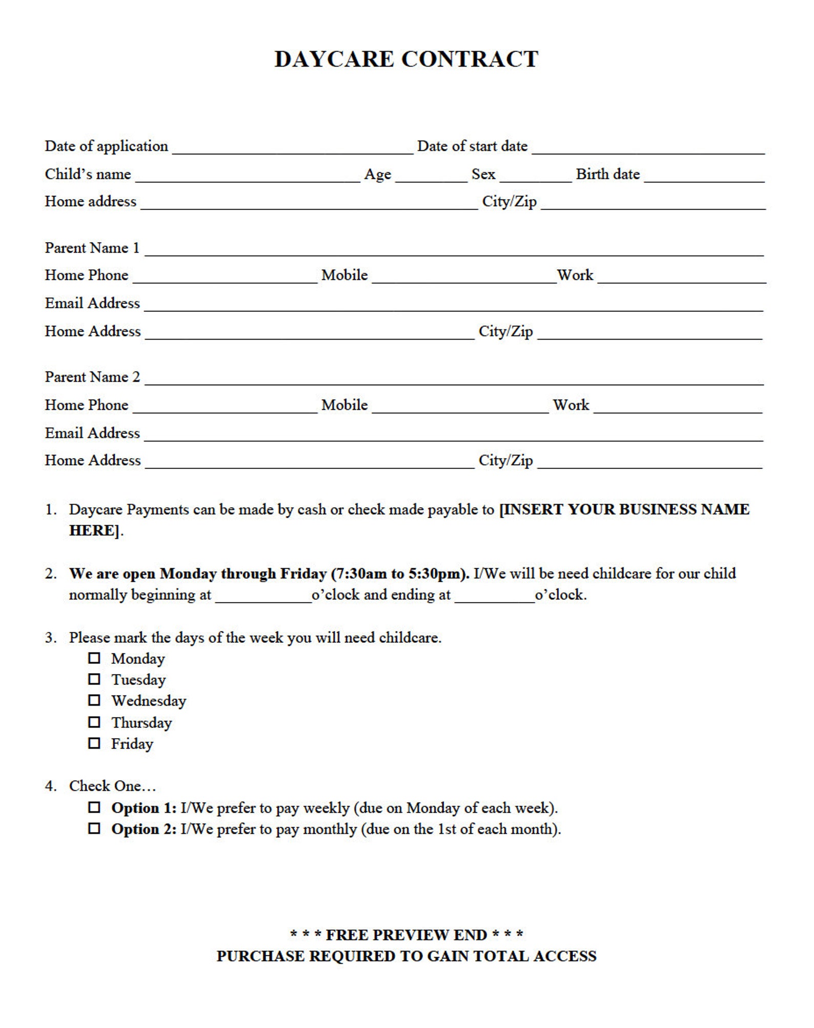 Daycare Contract: Fully Editable Child Care Enrollment Contract | PDF ...