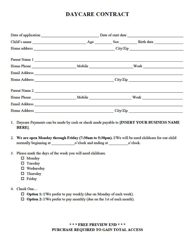 Daycare Contract: Fully Editable Child Care Enrollment Contract | PDF ...