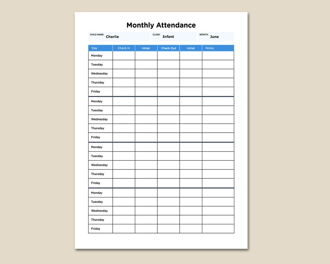 Daycare Monthly Attendance Sheet for Single Child With Fillable Form ...