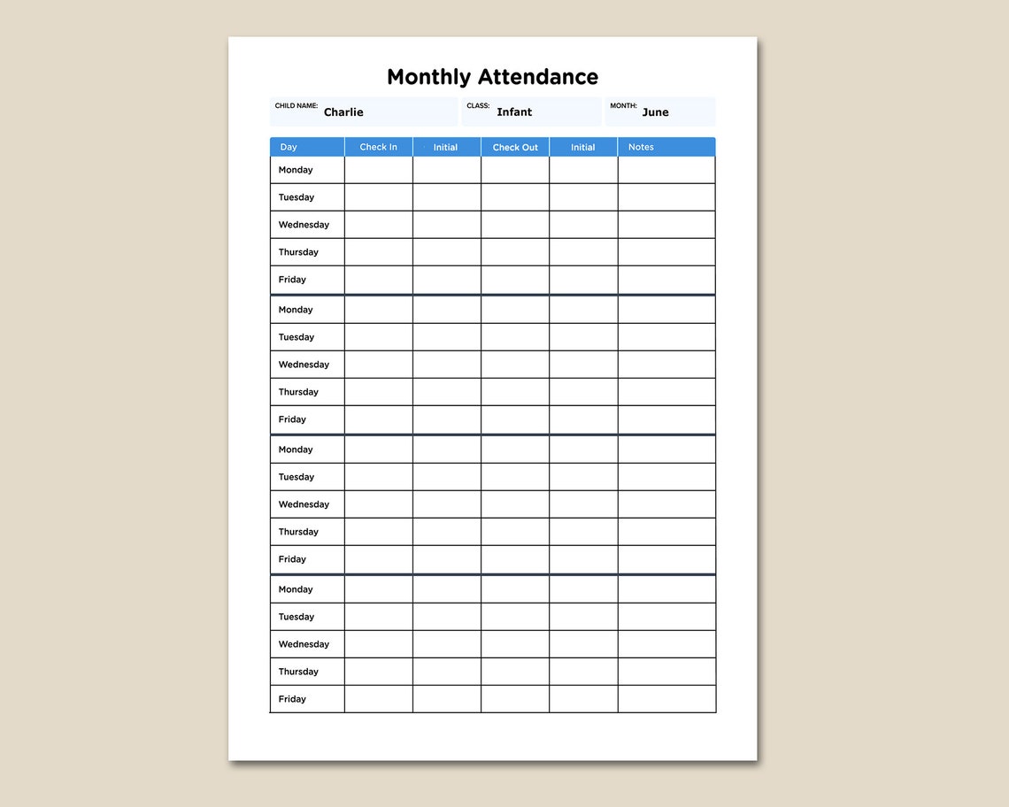 Daycare Monthly Attendance Sheet for Single Child With Fillable Form ...
