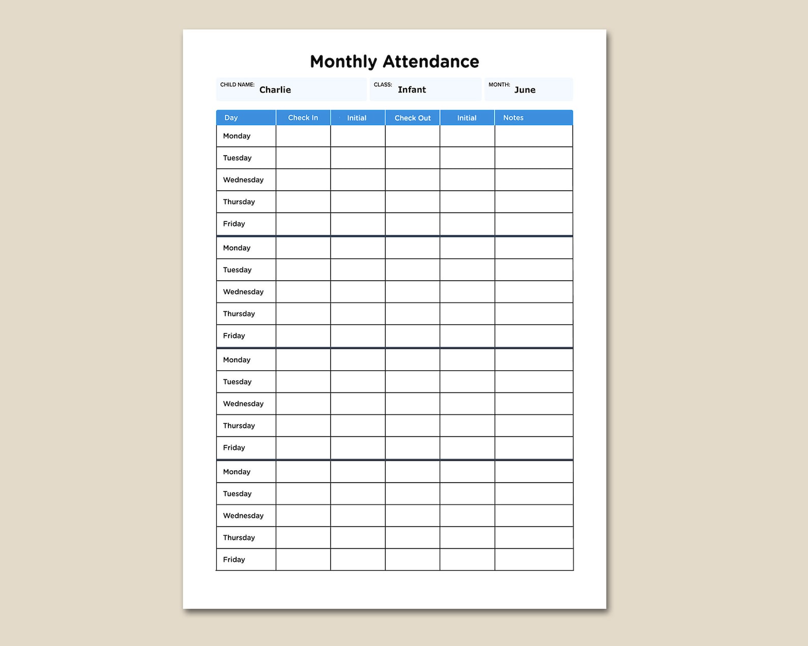 Daycare Monthly Attendance Sheet for Single Child With Fillable Form ...