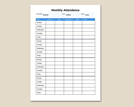 Daycare Monthly Attendance Sheet for Single Child With - Etsy
