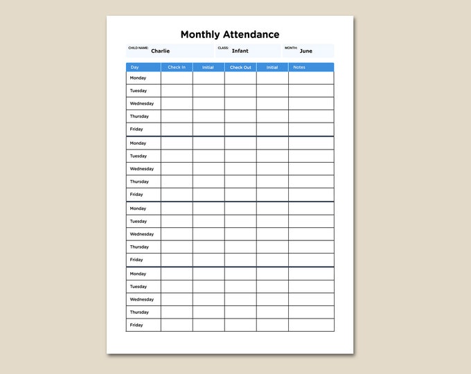 Daycare Monthly Attendance Sheet for Single Child With - Etsy
