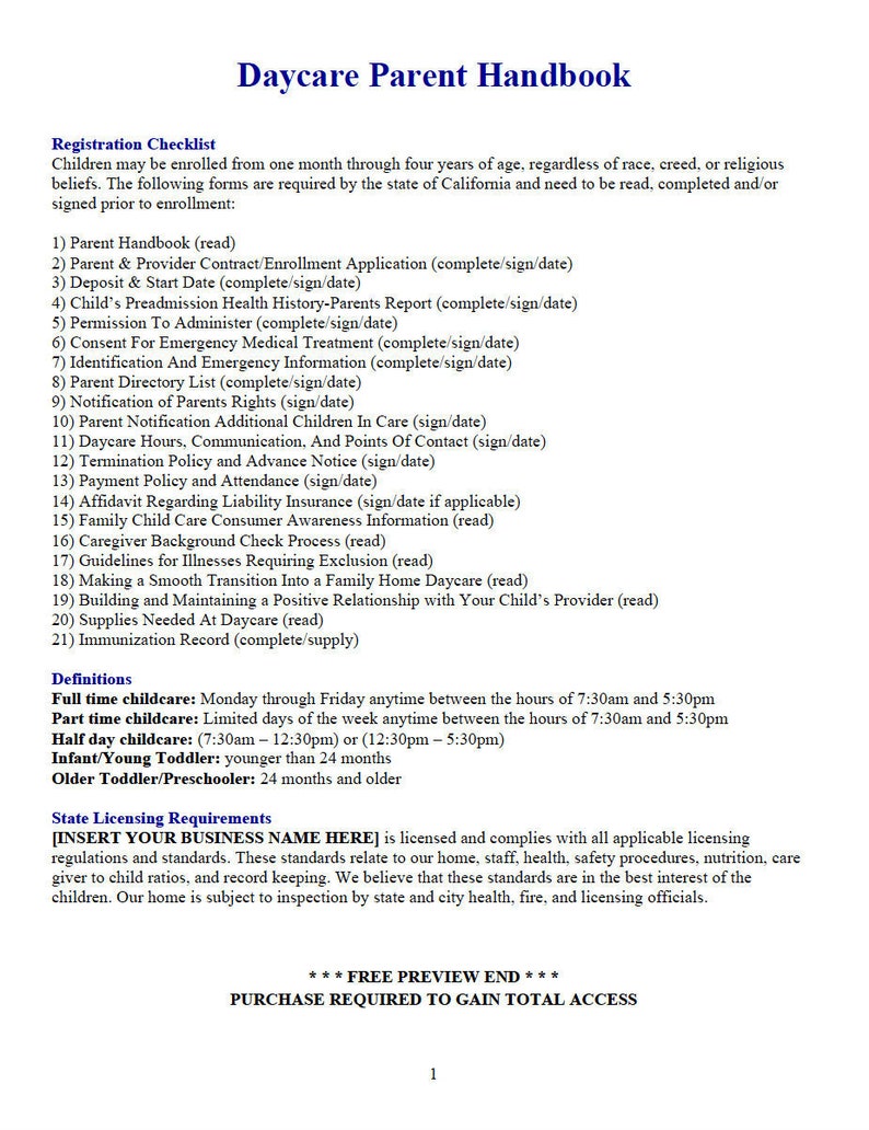 Daycare Parent Handbook: Fully Editable | PDF, Microsoft Word, & Text ...