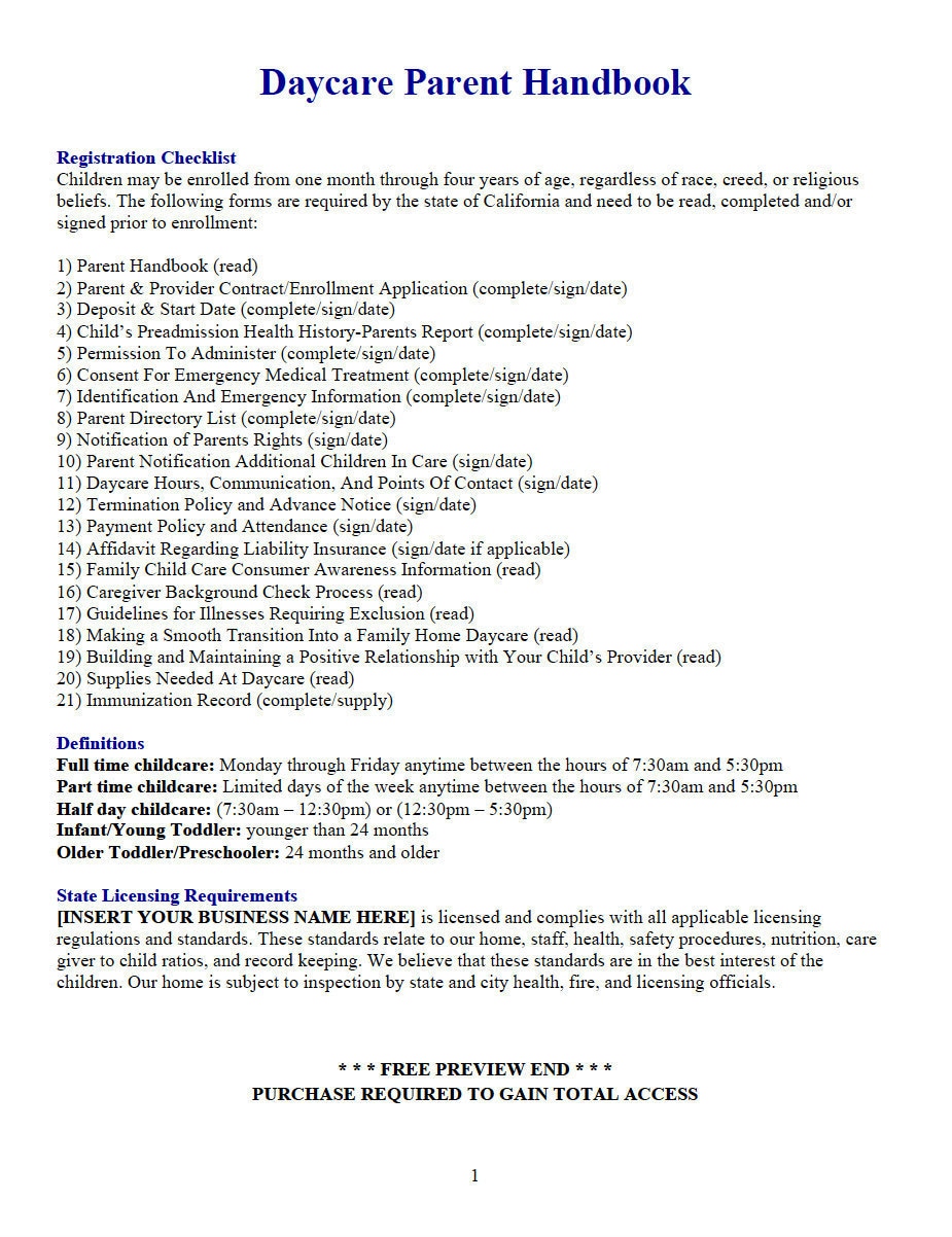 Daycare Parent Handbook: Fully Editable | PDF, Microsoft Word, & Text ...