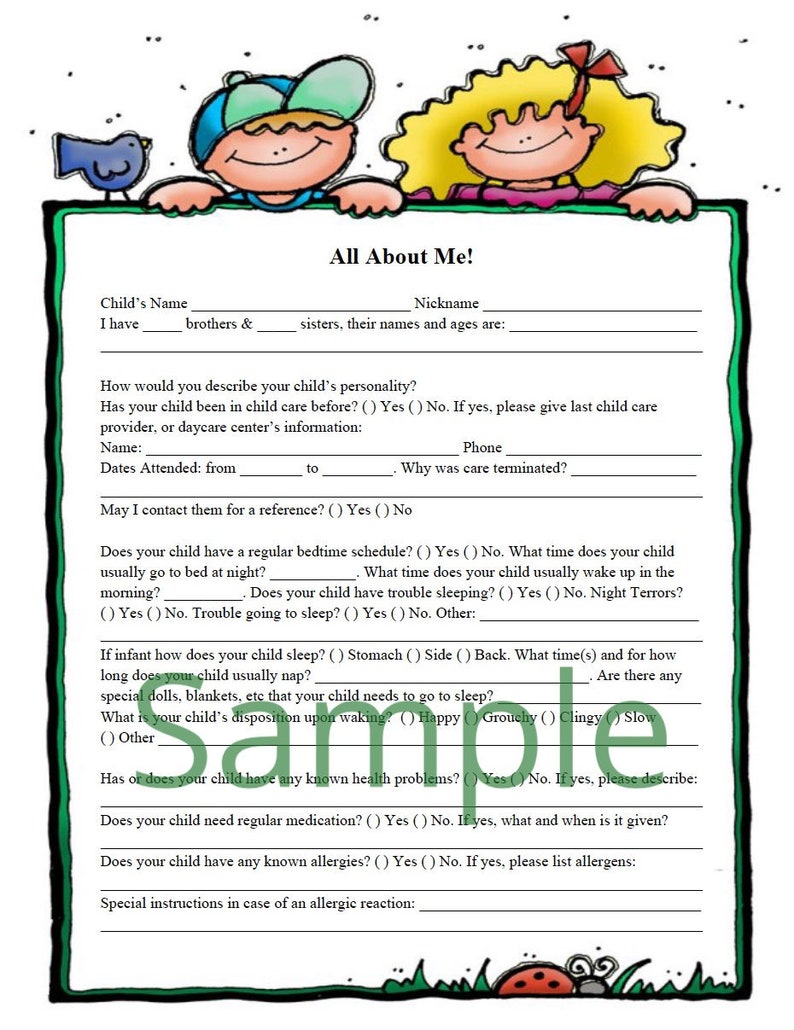 All About Me Daycare Questionnaire: Fully Editable Child Care Form ...