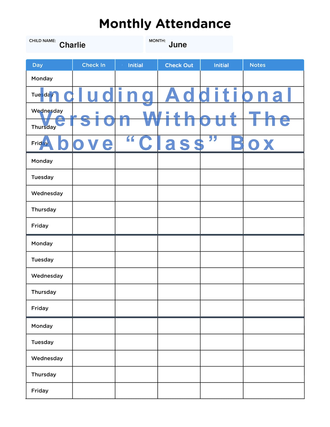 Daycare Monthly Attendance Sheet for Single Child With Fillable Form ...