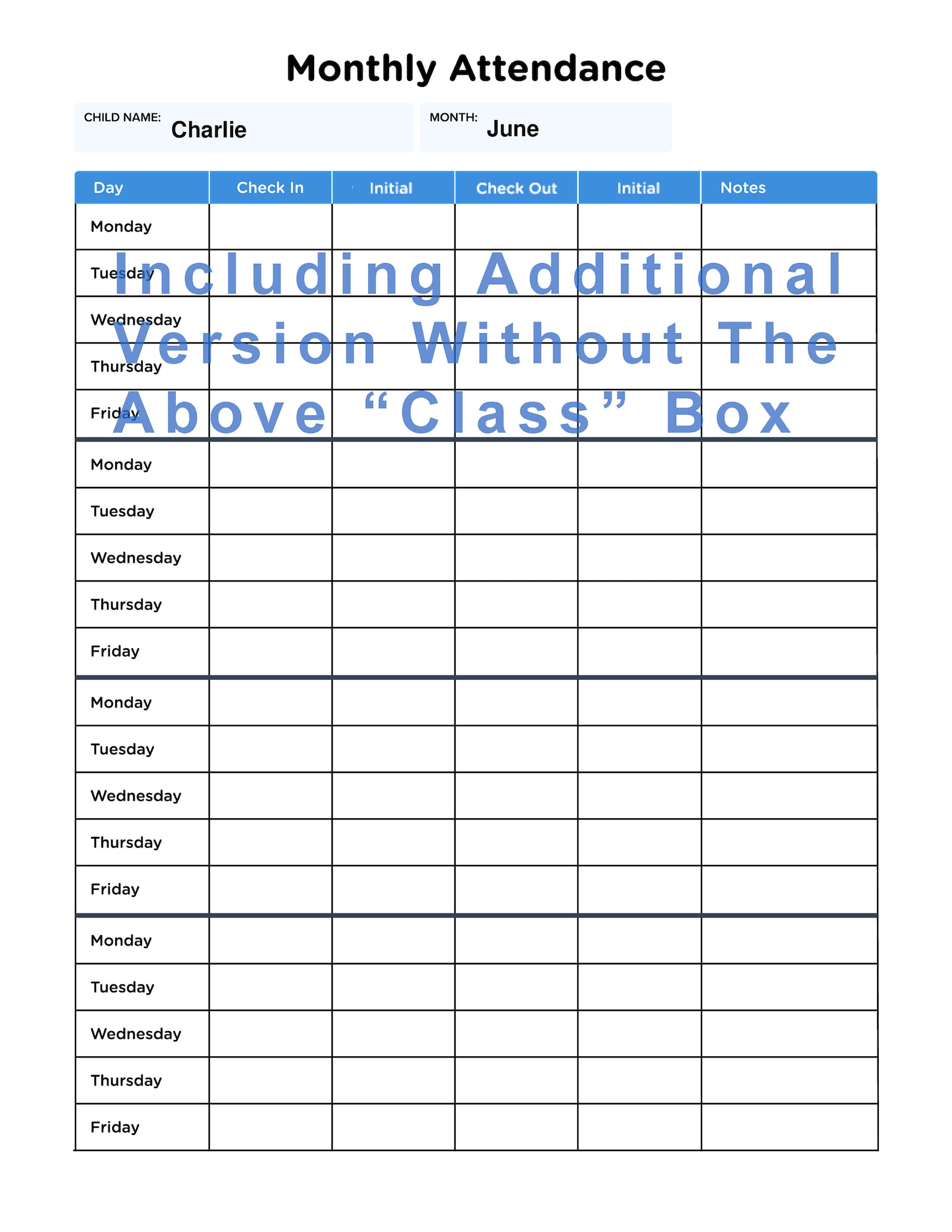 Daycare Monthly Attendance Sheet for Single Child With Fillable Form ...