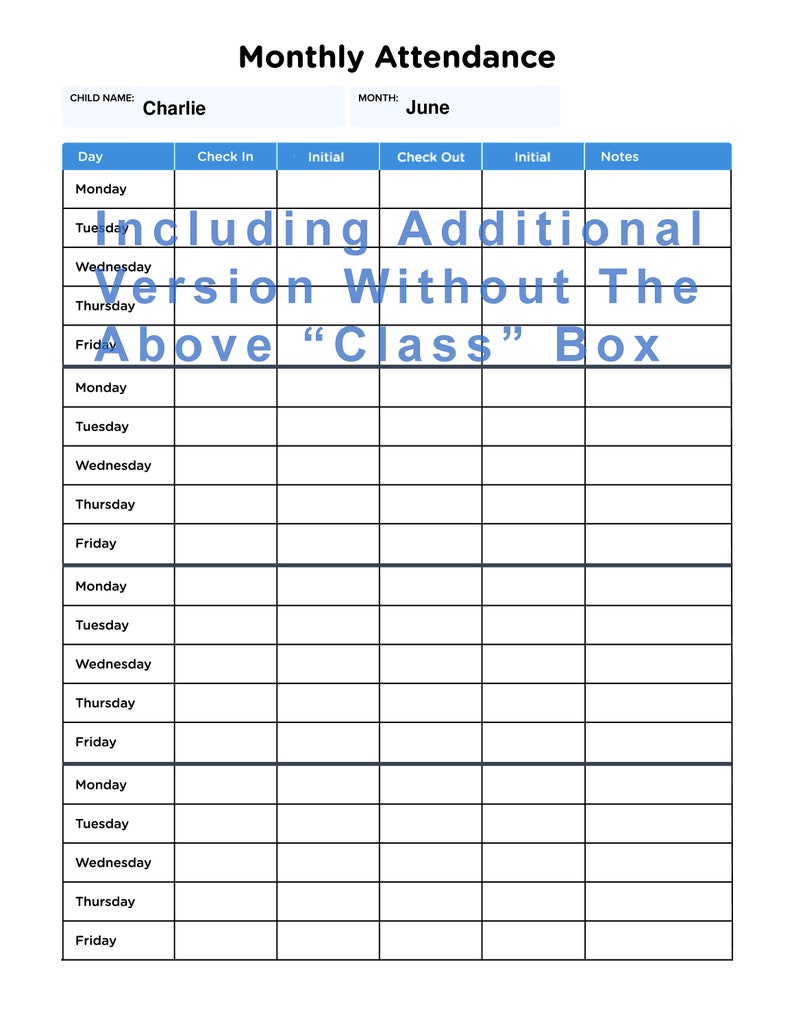 Daycare Monthly Attendance Sheet for Single Child With Fillable Form ...