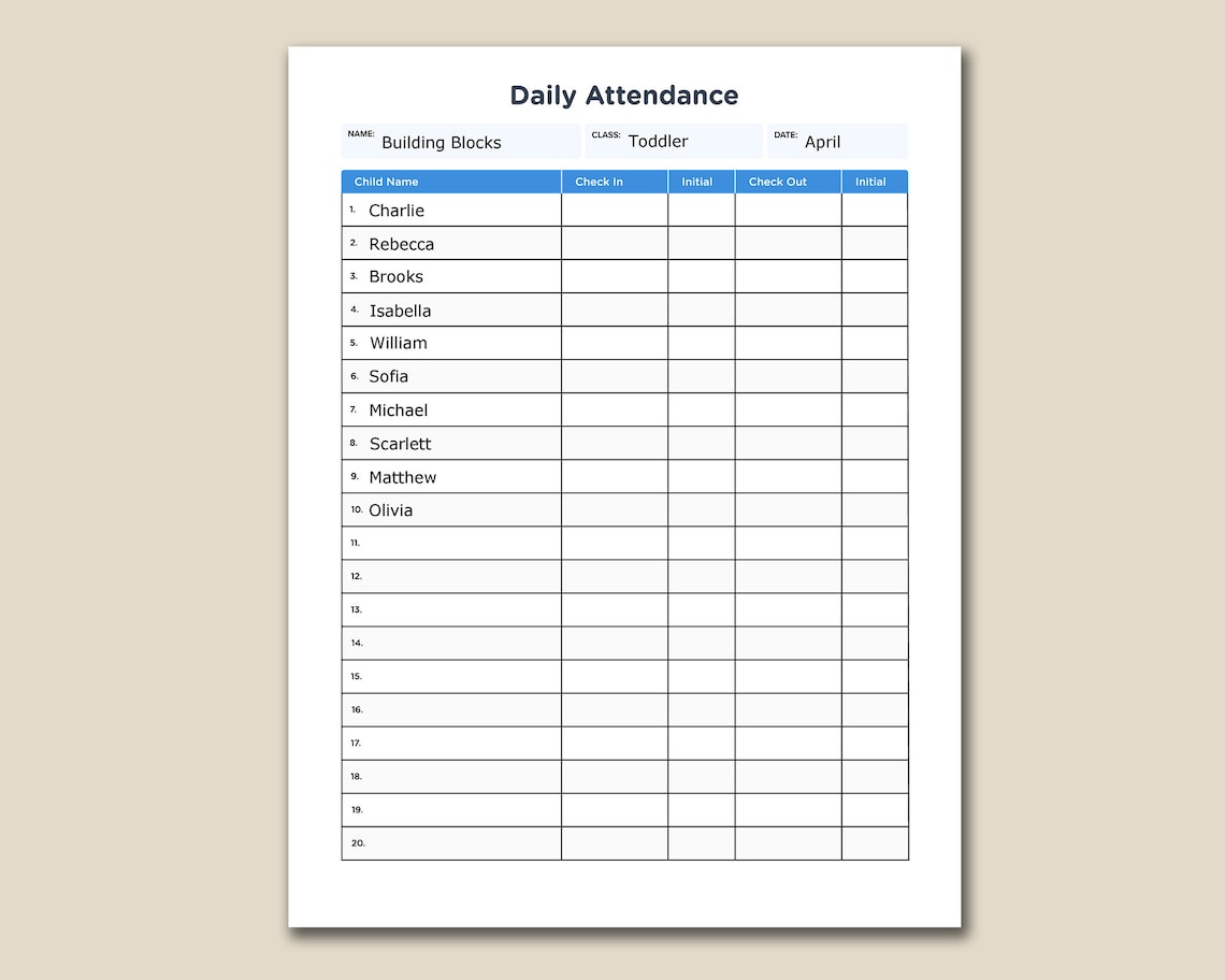 Childcare Daily Attendance Sheet With Fillable Form Fields | HD PNG and ...