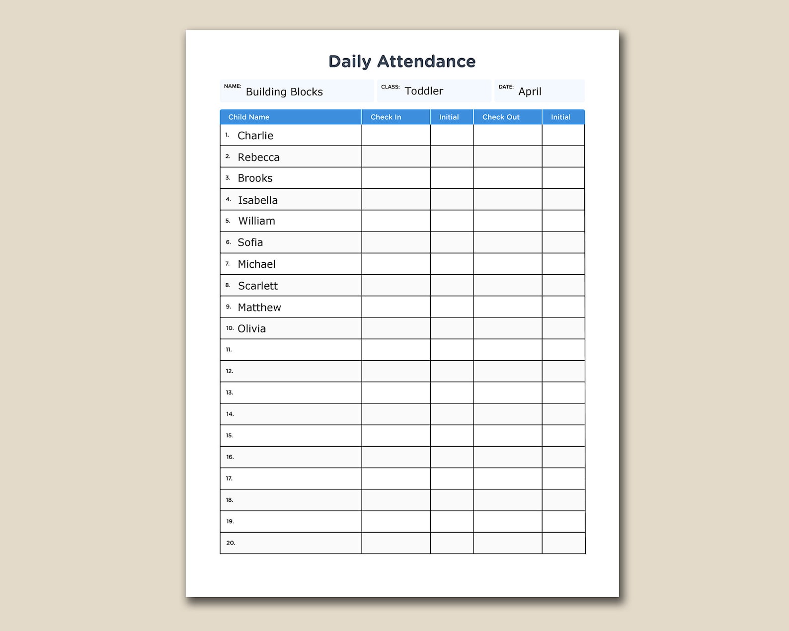 Childcare Daily Attendance Sheet With Fillable Form Fields | HD PNG and ...