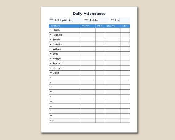 Childcare Daily Attendance Sheet With Fillable Form Fields - Etsy