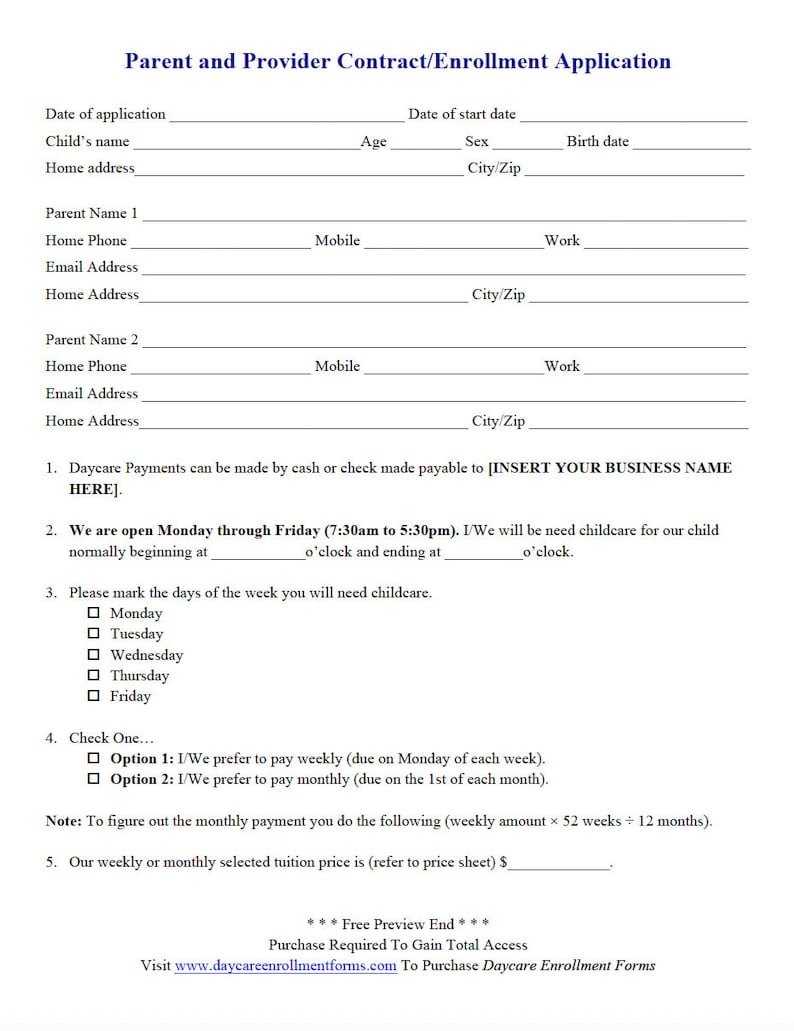 Daycare Enrollment Forms Packet: Fully Editable Child Care Registration ...