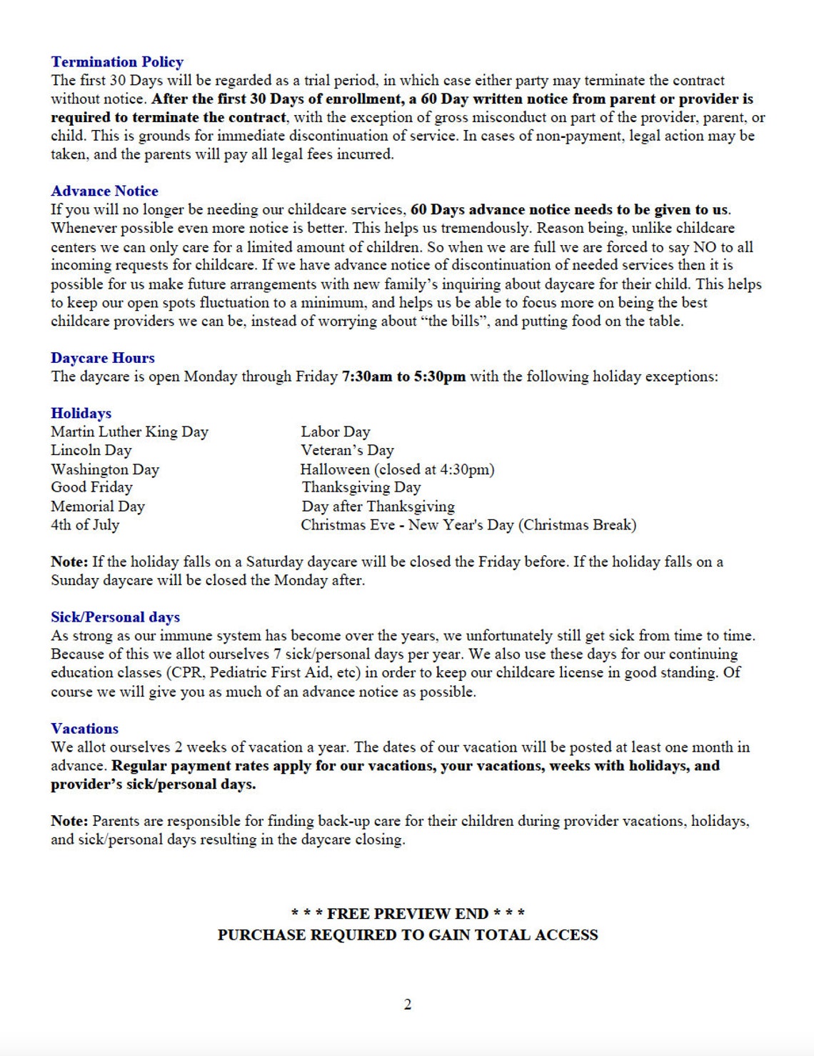 Daycare Parent Handbook: Fully Editable PDF Microsoft Word - Etsy