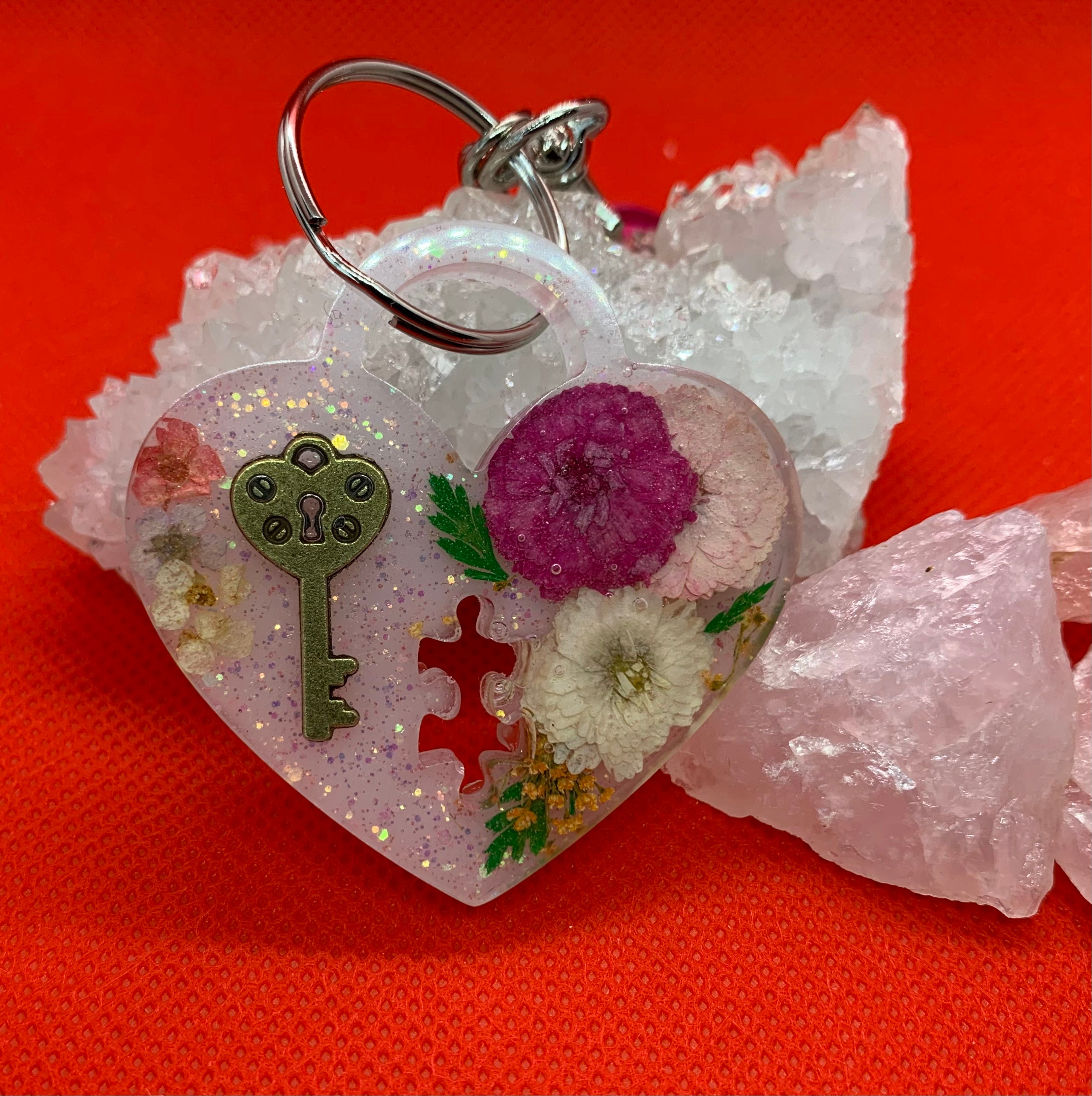 Heart shaped padlock style, epoxy keychain with puzzle shaped keyhole ...