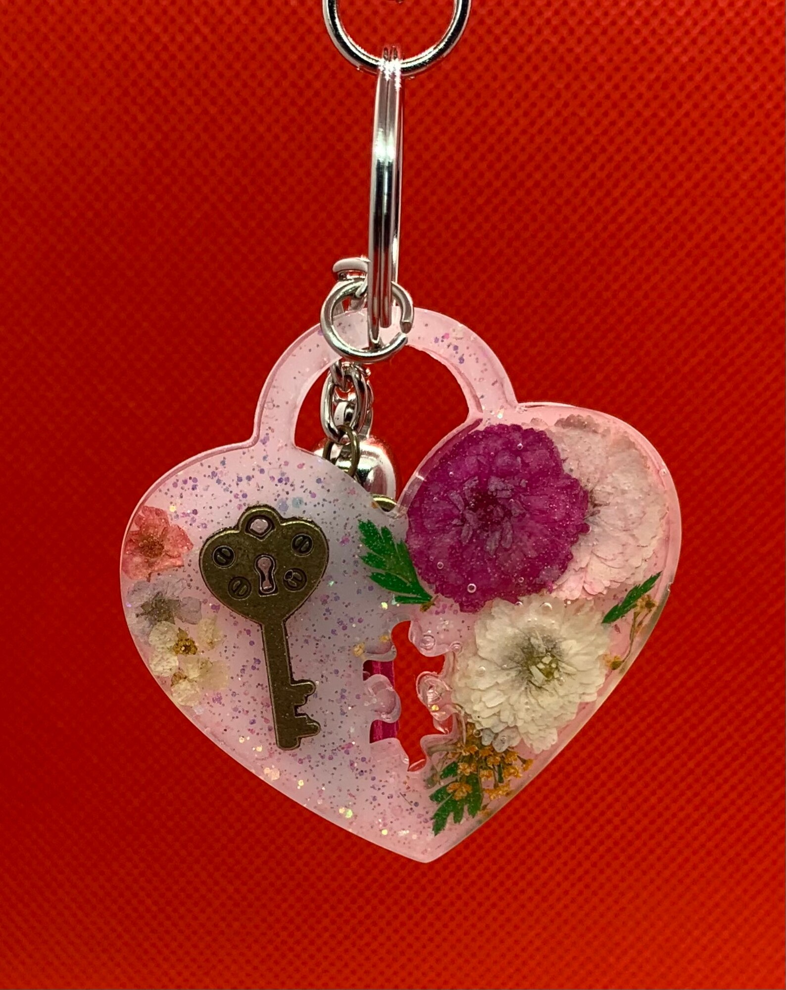 Heart shaped padlock style, epoxy keychain with puzzle shaped keyhole ...