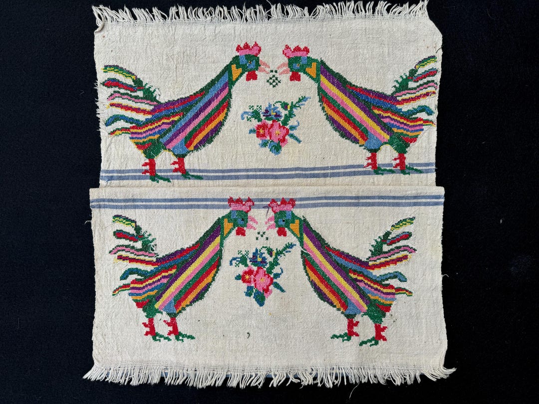 Antique Colorful Rooster Embroidered Textile, Handwork Embroidery ...
