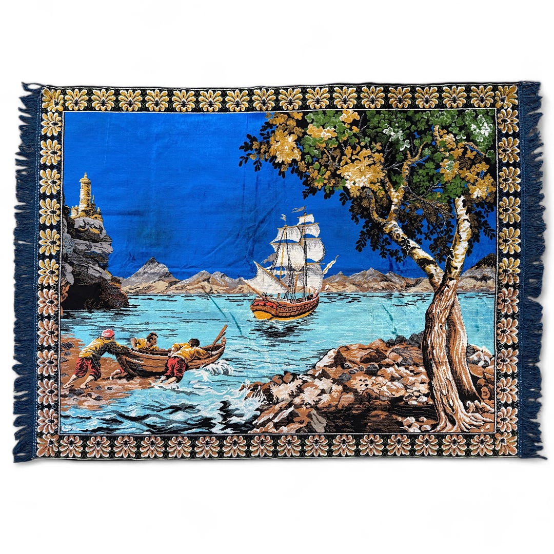 Vintage Sailing Ship Tapestry: Nautical Fishermen Scene Wall Decor ...