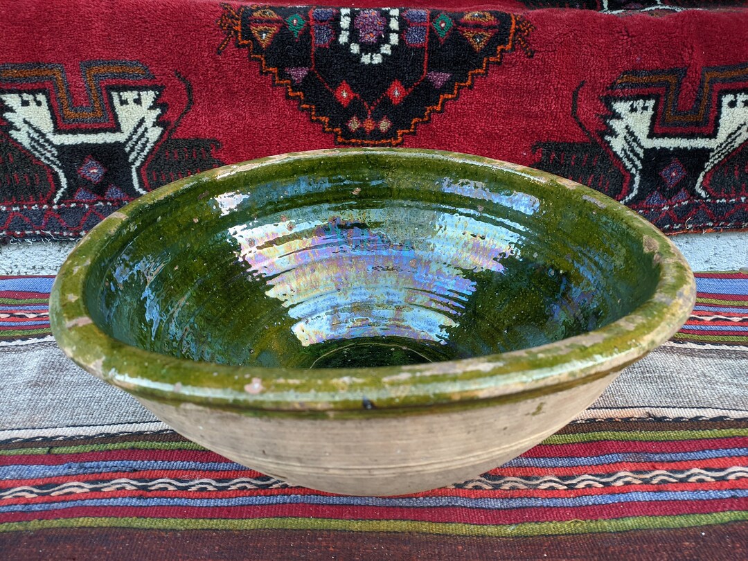 Antique Ottoman Sille Pottery Bowl: Large Green Glazed Primitive Bowl ...