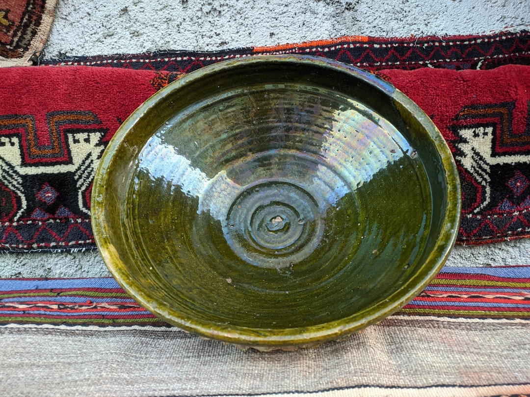 Antique Ottoman Sille Large Size Pottery Bowl With Green Glaze 39cm ...