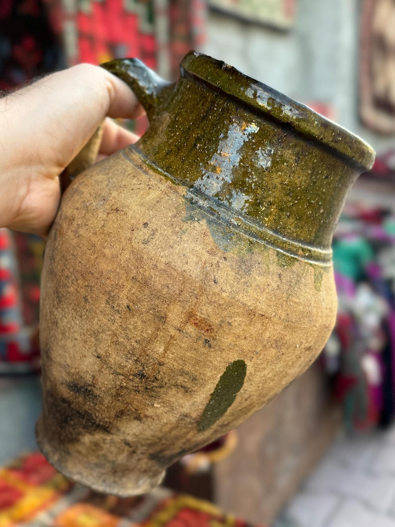 Antique Green Glazed Pottery Pitcher: Rustic Handmade Jug Vase - Etsy