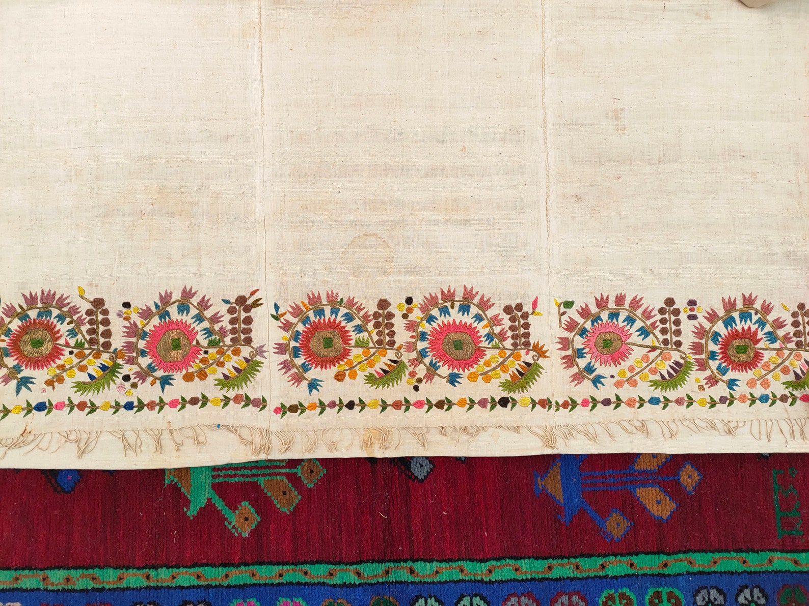 Antique Embroidered Colorful Large Textile 245 X 125 Cm Madder Floral ...