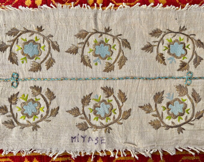 Vintage Hand Embroidered Turkish Textile Fragment - Blue Green 48x30cm ...