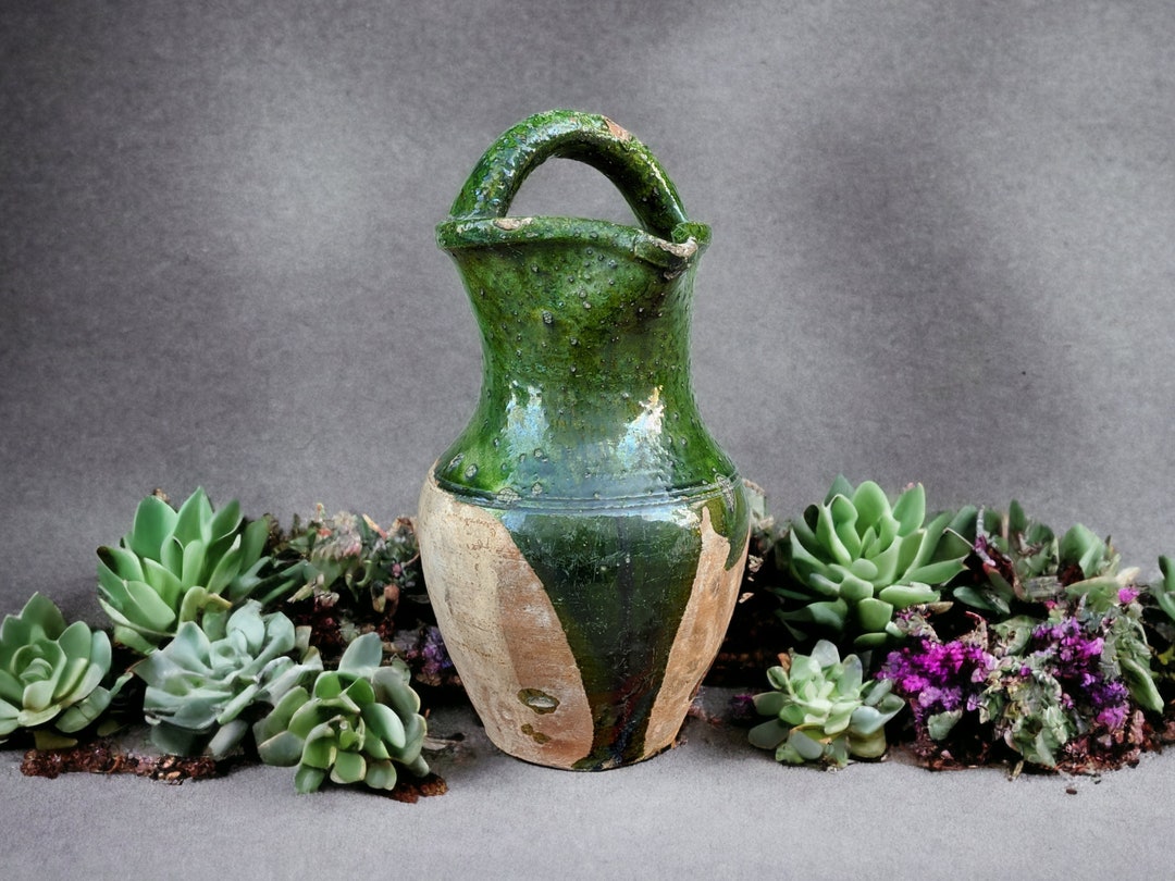 Antique Green Glaze Pot With Handle | Handmade Pottery Vase | Clay Pot ...