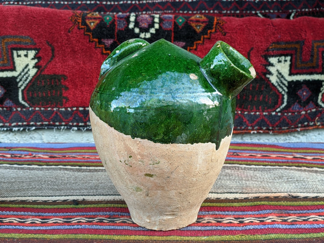 Antique Handmade Green Glazed Pottery Earthenware / Antique Ceramics ...