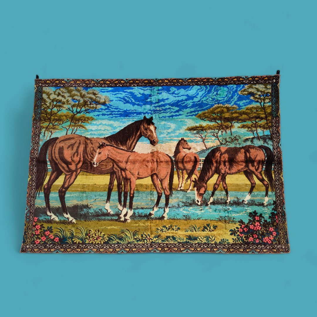 Horse Tapestry, Equine Themed Animals Wall Rug, Horses Pattern, Velvet ...